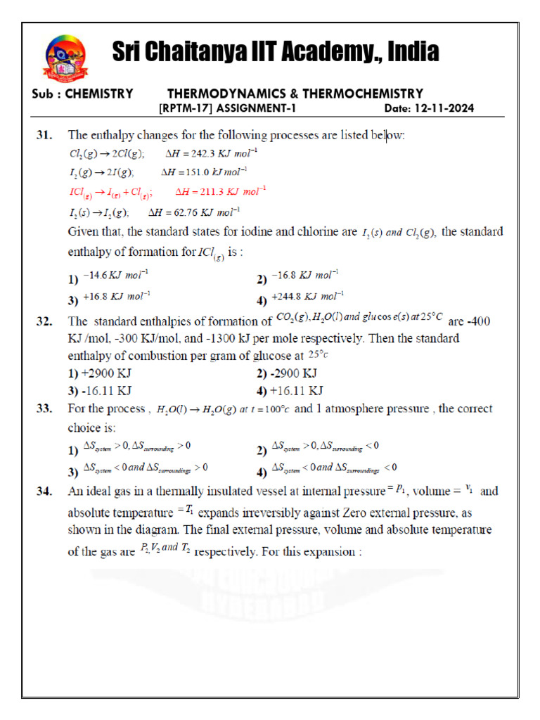 Chemistry Assignment on Thermodynamics | PDF