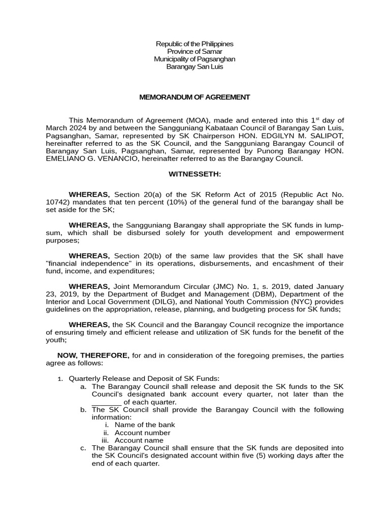 MOA-SK-PB Re 10 - SK Fund Transfer | PDF | Government