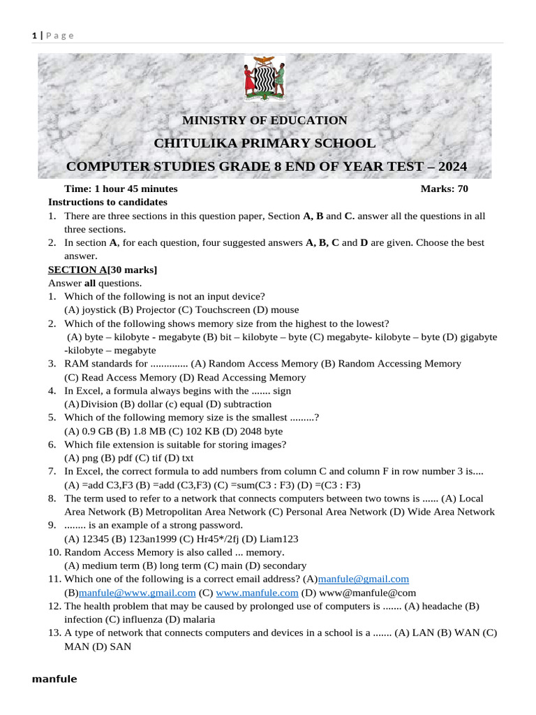 Grade 8 Computer Studies Test 2024 | PDF | Byte | Software