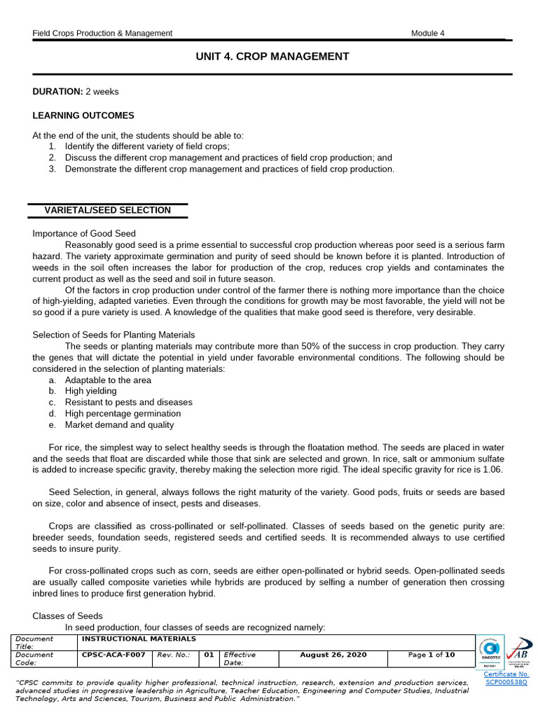 Crop Management & Seed Selection | PDF | Sowing | Tillage