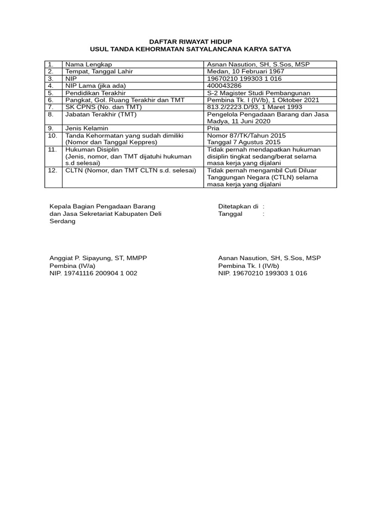DAFTAR RIWAYAT HIDUP USUL TANDA KEHORMATAN SATYALANCANA KARYA SATYA | PDF