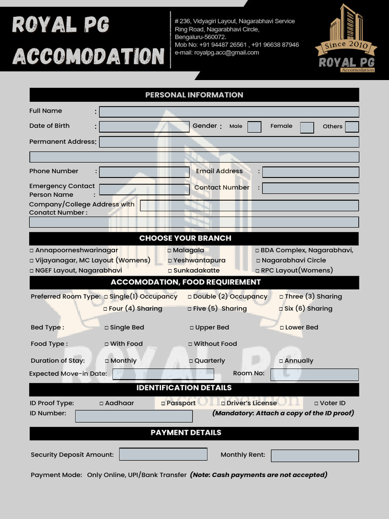 Royal PG Application Form | PDF | Leasehold Estate | Landlord