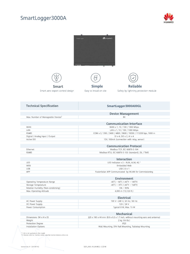 1HWE02006_Datasheet_SmartLogger3000A00GL (LAN Only, No 4G) | PDF