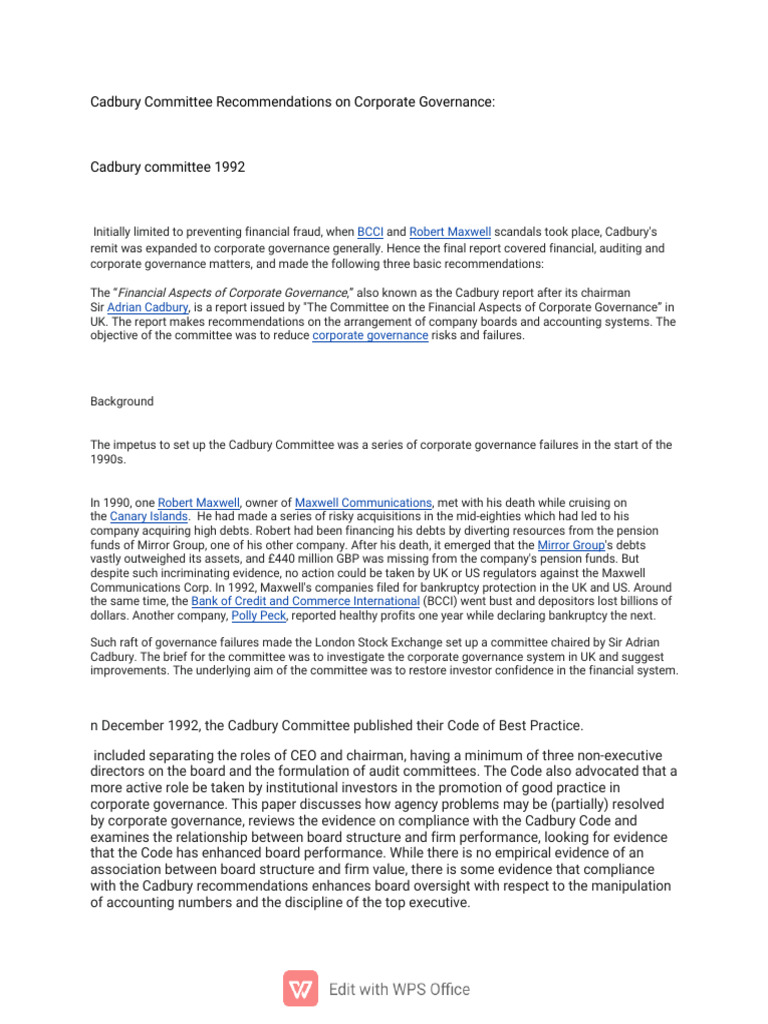 Cadbury Committee Recommendations On Corporate Governance | PDF