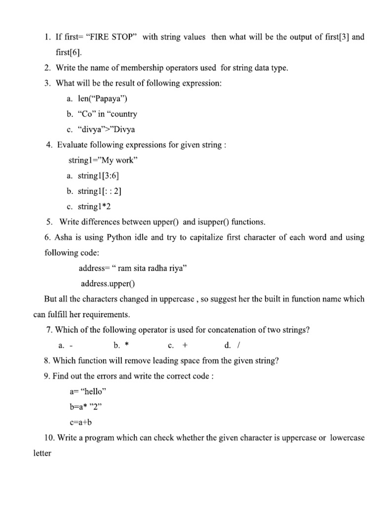 XI CS KVS Chennai Region 2022-23 Worksheet - STRINGS | PDF