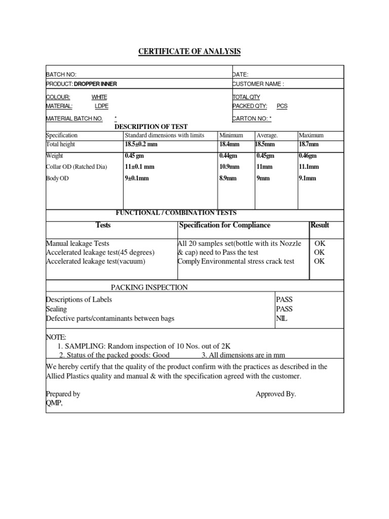 Dropper Inner Certificate of Analysis | PDF