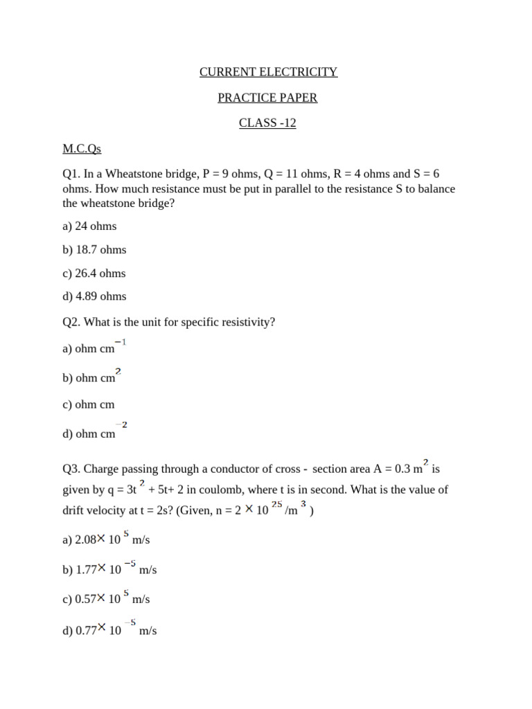 CURRENT ELECTRICITY PRACTICE Docx | PDF | Voltage | Electrical Resistance And Conductance