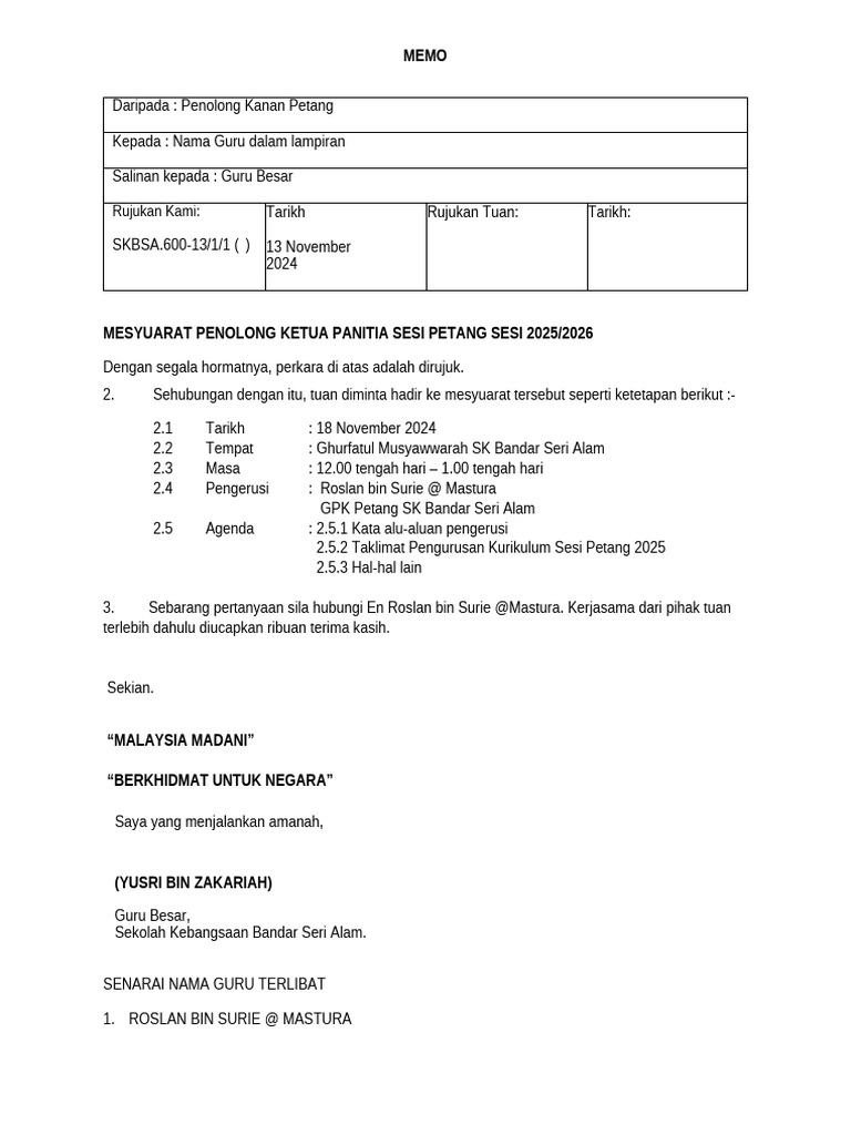 Memo Mesyuarat Penolong Ketua Panitia 18 Nov 2024 | PDF