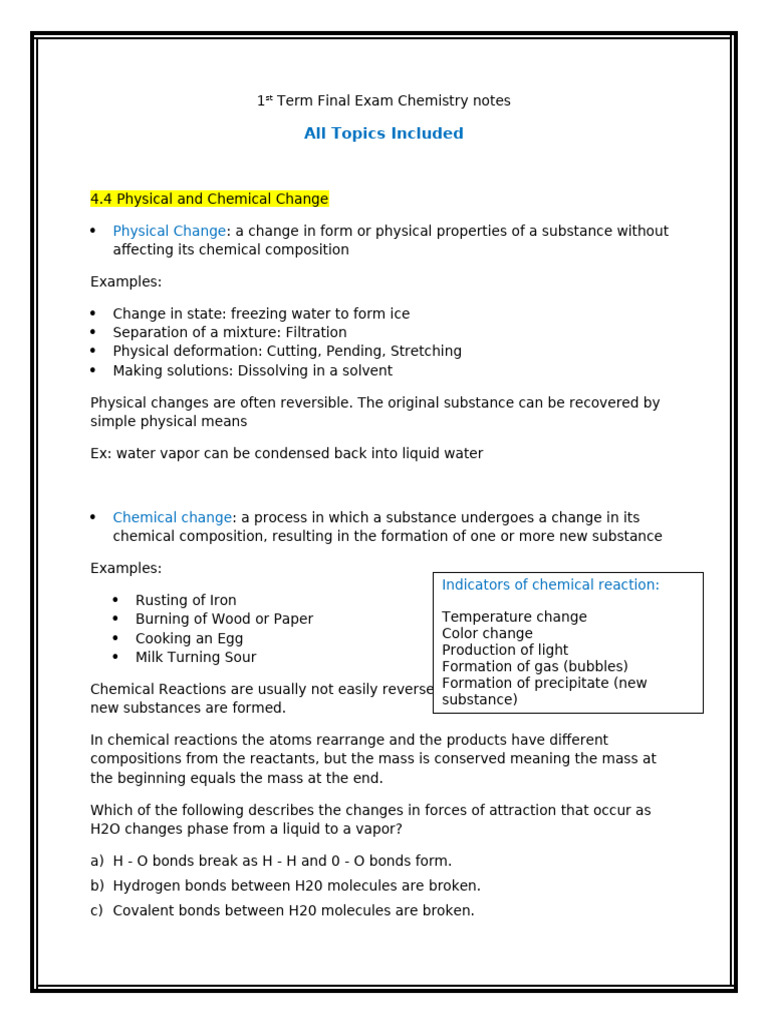 Chemistry Exam Notes: Changes & Stoichiometry | PDF | Reaction Rate ...