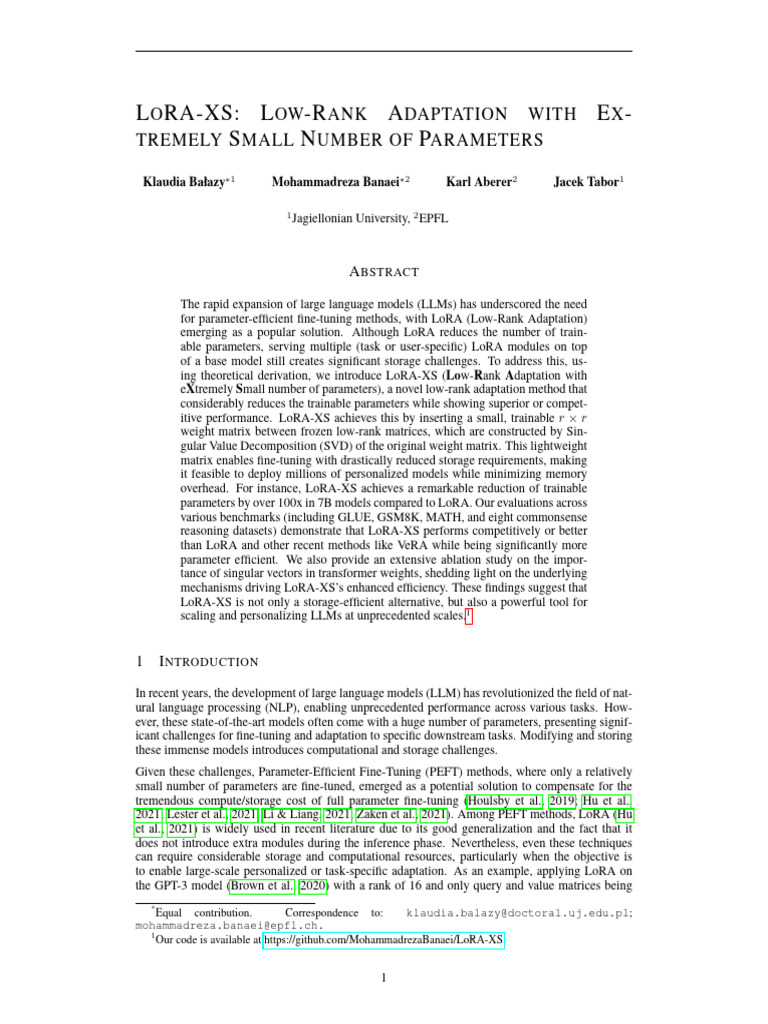 LORA-XS LOW-RANK ADAPTATION WITH EXTREMELY SMALL NUMBER OF PARAMETERS | PDF | Matrix ...