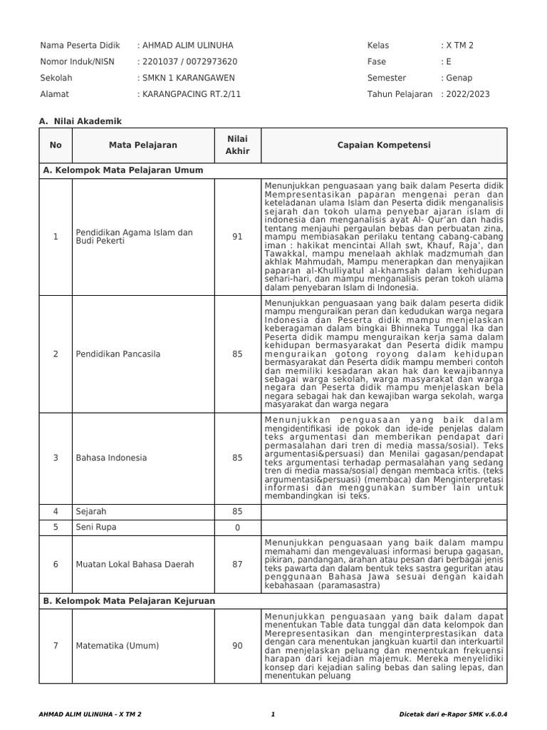 RAPOR AHMAD ALIM ULINUHA - X TM 2 | PDF