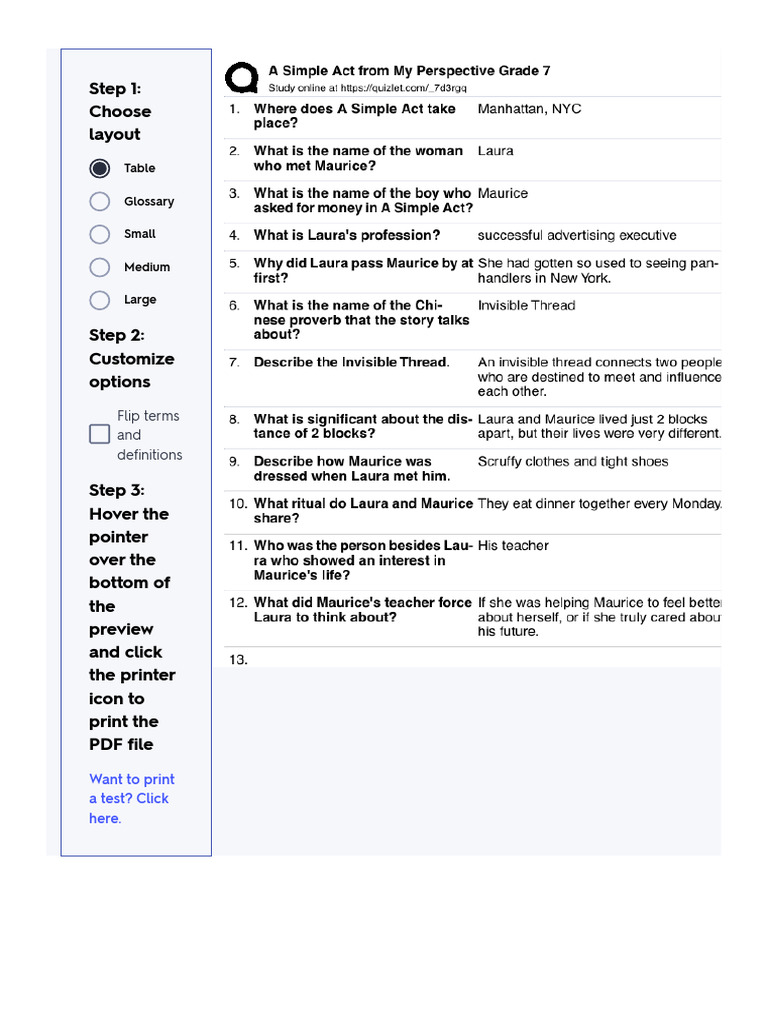 Print A Simple Act From My Perspective Grade 7 Quizlet | PDF