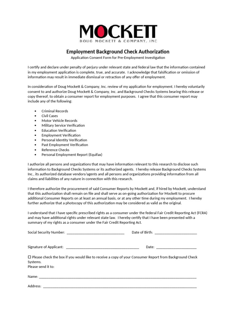 Employment Background Check Authorization Form | PDF | Background Check ...