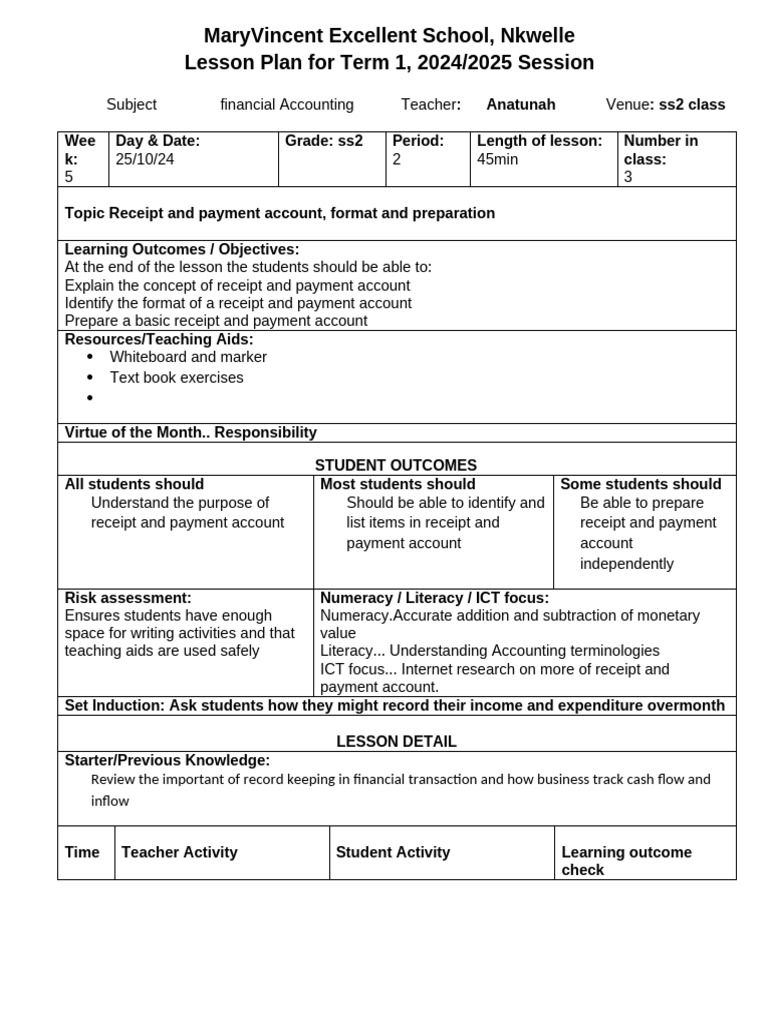 Financial Accounting Lesson Plan: Receipt & Payment | PDF | Educational ...