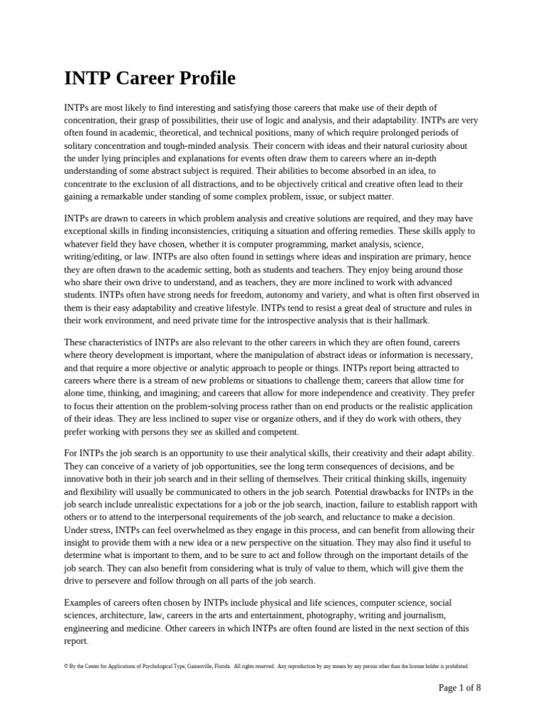INTP Career Profile | PDF | Decision Making | Creativity