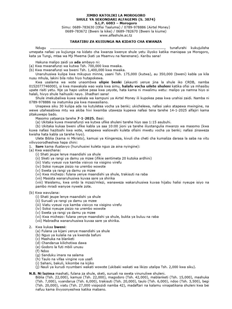 Taratibu Za Kujiunga Kidato 1 2025 | PDF