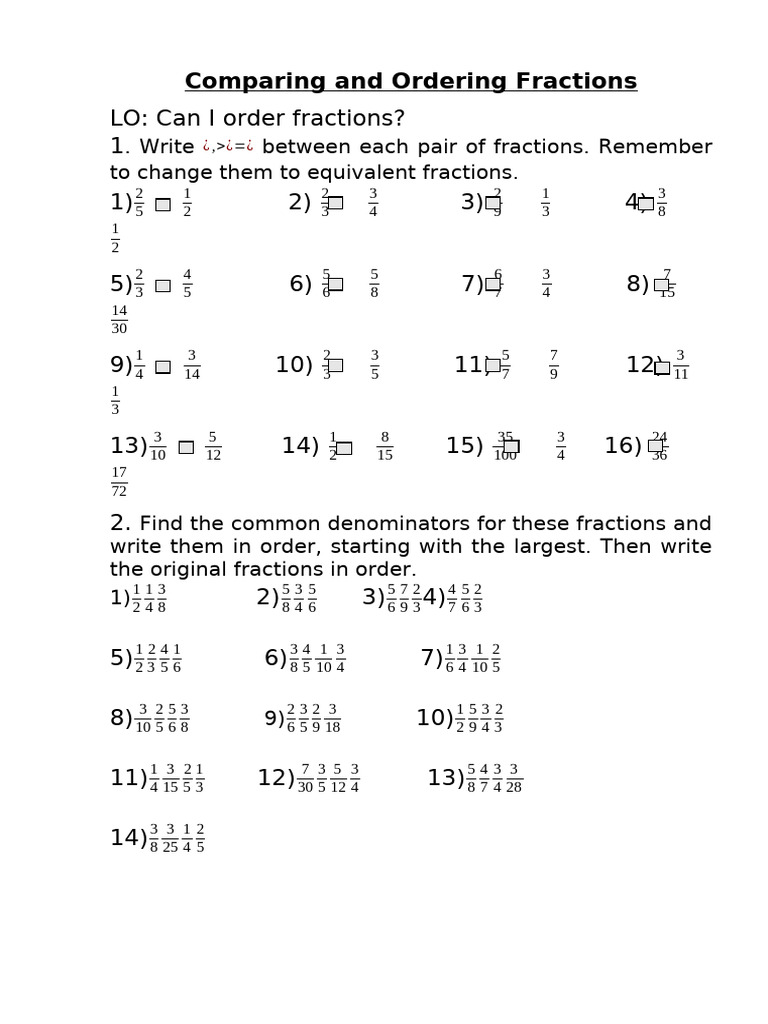 LO: Can I Order Fractions? 1 1) 2) 3) 4) : Comparing and Ordering ...