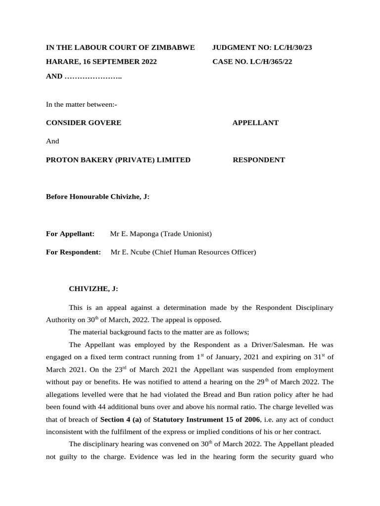 LC-H-30-2023 Consider Govere VS Proton Bakery (Private) Limited | PDF ...