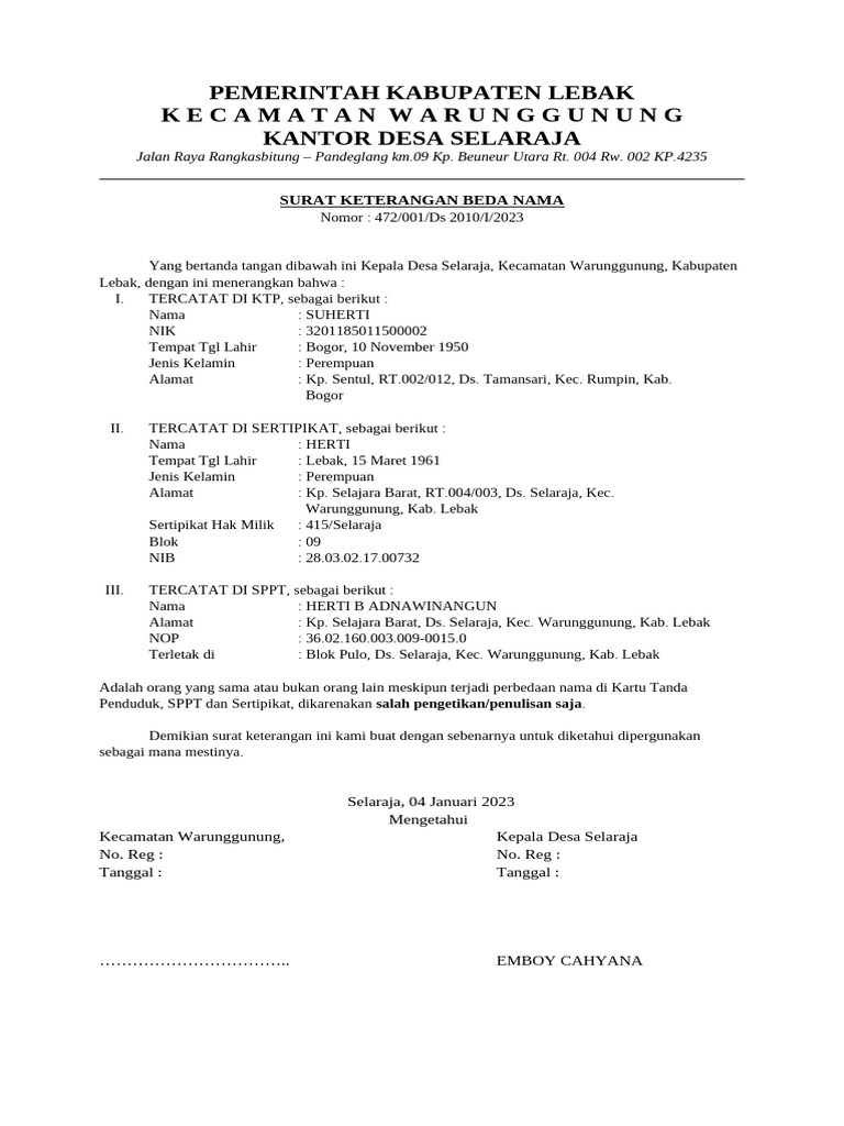 Surat Ket Beda Nama | PDF