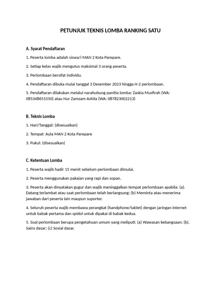 Petunjuk Teknis Lomba Ranking Satu | PDF