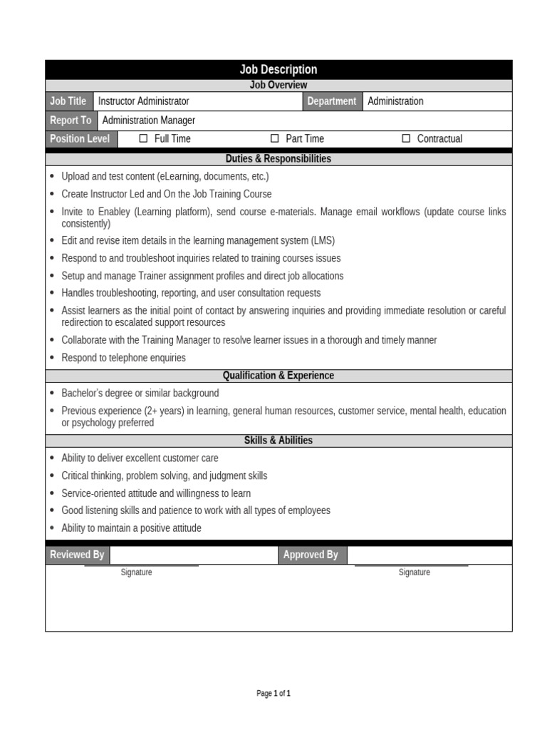 Job Description - Instructor Administrator | PDF