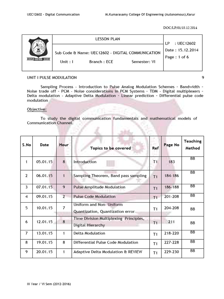 DC LESSON Plan | PDF | Modulation | Data Transmission
