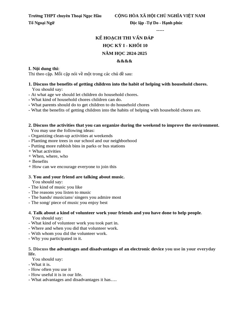 Speaking-Topics G10 24-25 1st Term | PDF