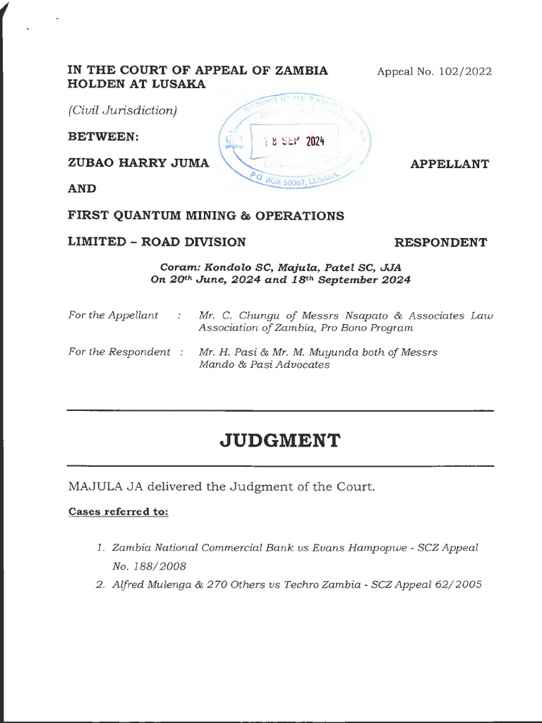 Zubao Juma vs First Quantum Mining Appeal | PDF | Employment | Appeal
