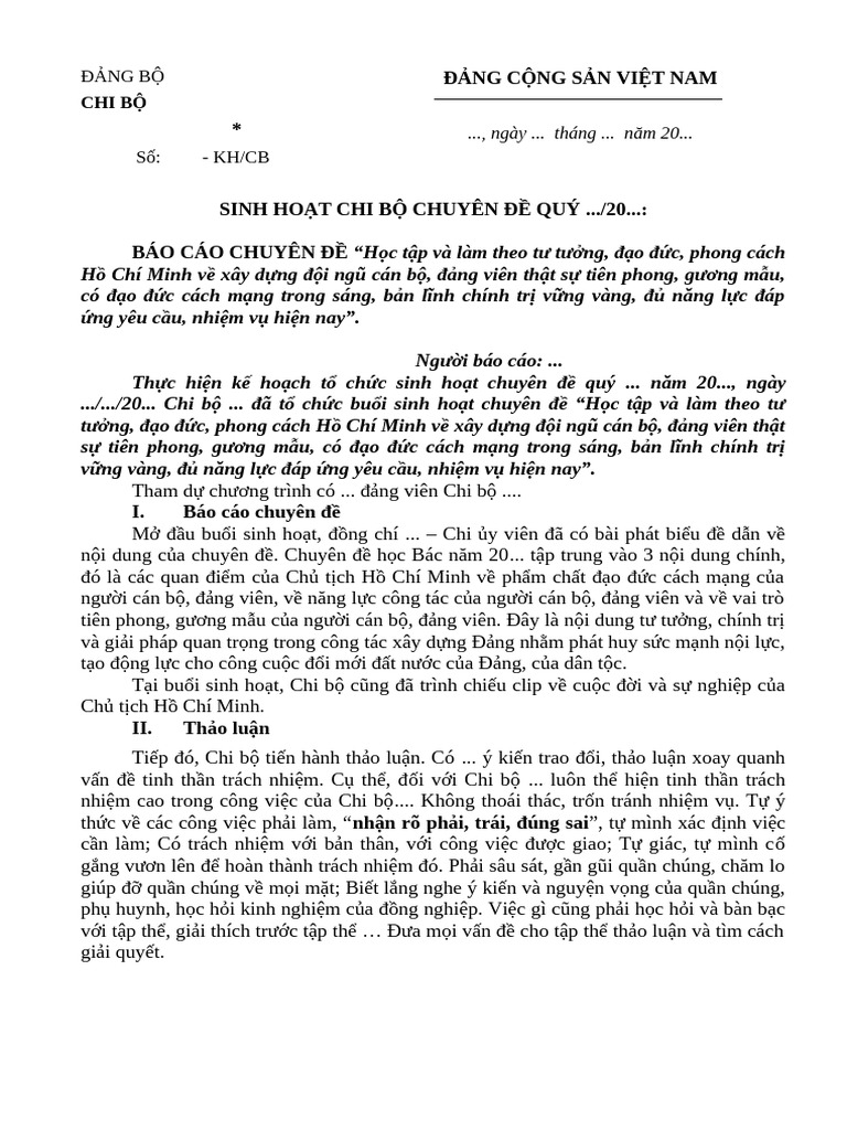 Mau - Bao Cao Sinh Hoat Chuyen de | PDF