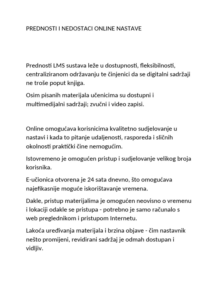 PREDNOSTI I NEDOSTACI ONLINE NASTAVE | PDF