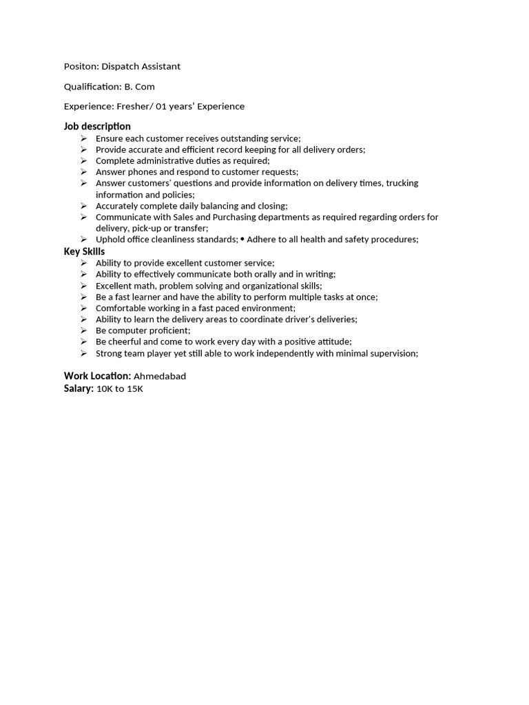 Dispatch Assisiatnt JD | PDF