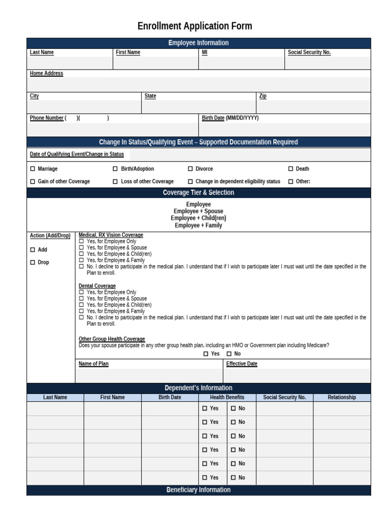 Enrollment Application Form | PDF | Social Security (United States ...