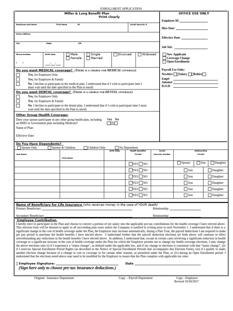 Miller & Long Benefit Plan Enrollment Form | PDF | Payroll Tax | Economies