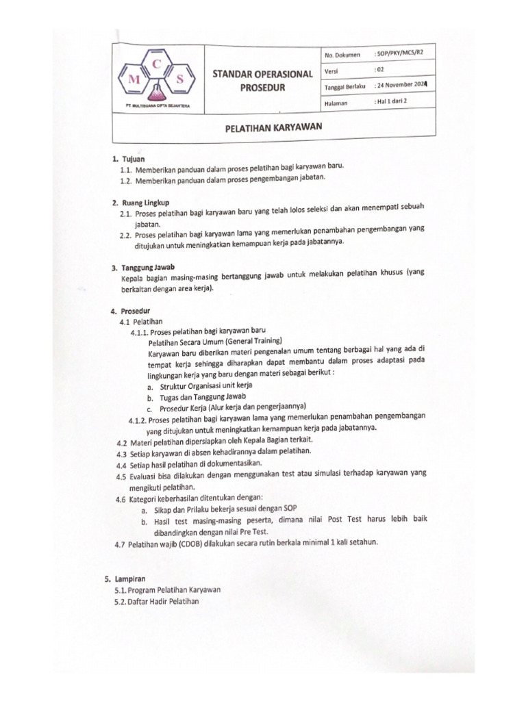 Lampiran 13. SOP Pelatihan Karyawan | PDF