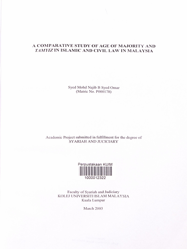 A Comparative study of age of majority and tamyiz in Islamic and Civil ...