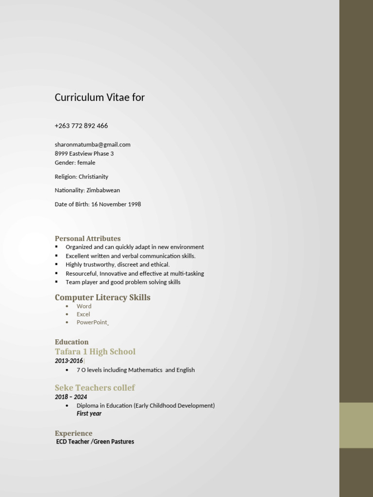 Sharon Matumba's CV: ECD Teacher | PDF