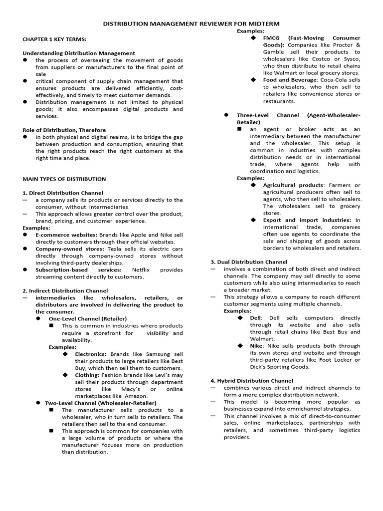 Distribution Management CH1 & CH2 Reviewer | PDF | Supply Chain | Retail