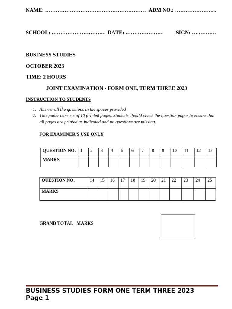 FORM-1-2023-END-T3-BUSINESS-QS_TEACHER.CO_.KE_SET_A | PDF | Business ...