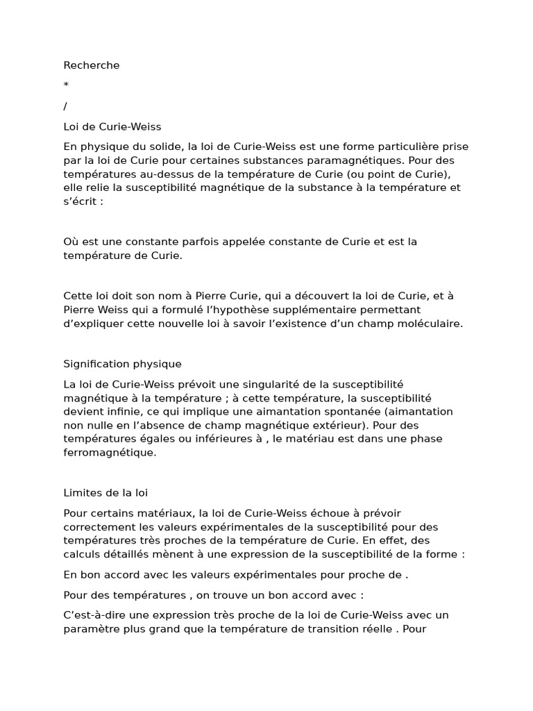 Loi de Curie-Weiss en Physique du Solide | PDF