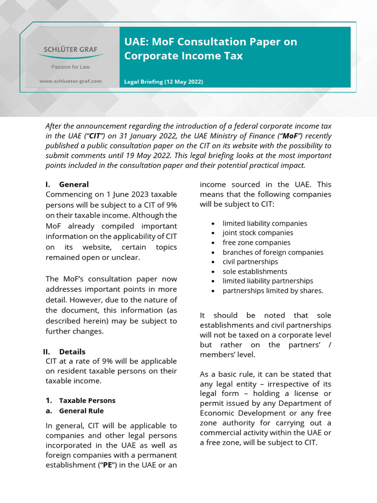 UAE CIT - MoF Consultation Paper | PDF | Taxes | Corporate Tax In The ...