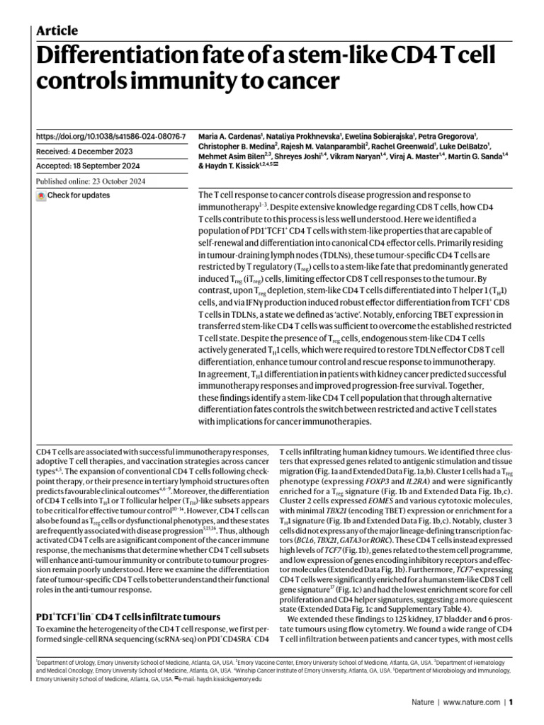 TCF1干性肿瘤相关CD4 | PDF | T Cell | T Helper Cell