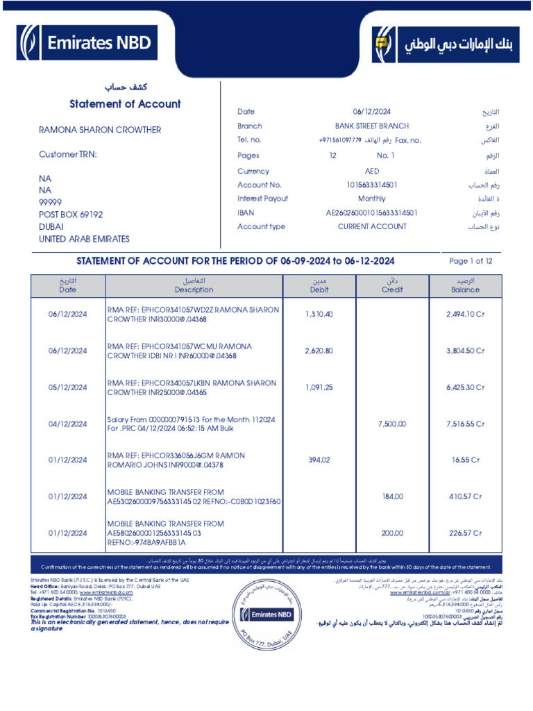Bank Statement for Ramona Crowther | PDF | United Arab Emirates ...