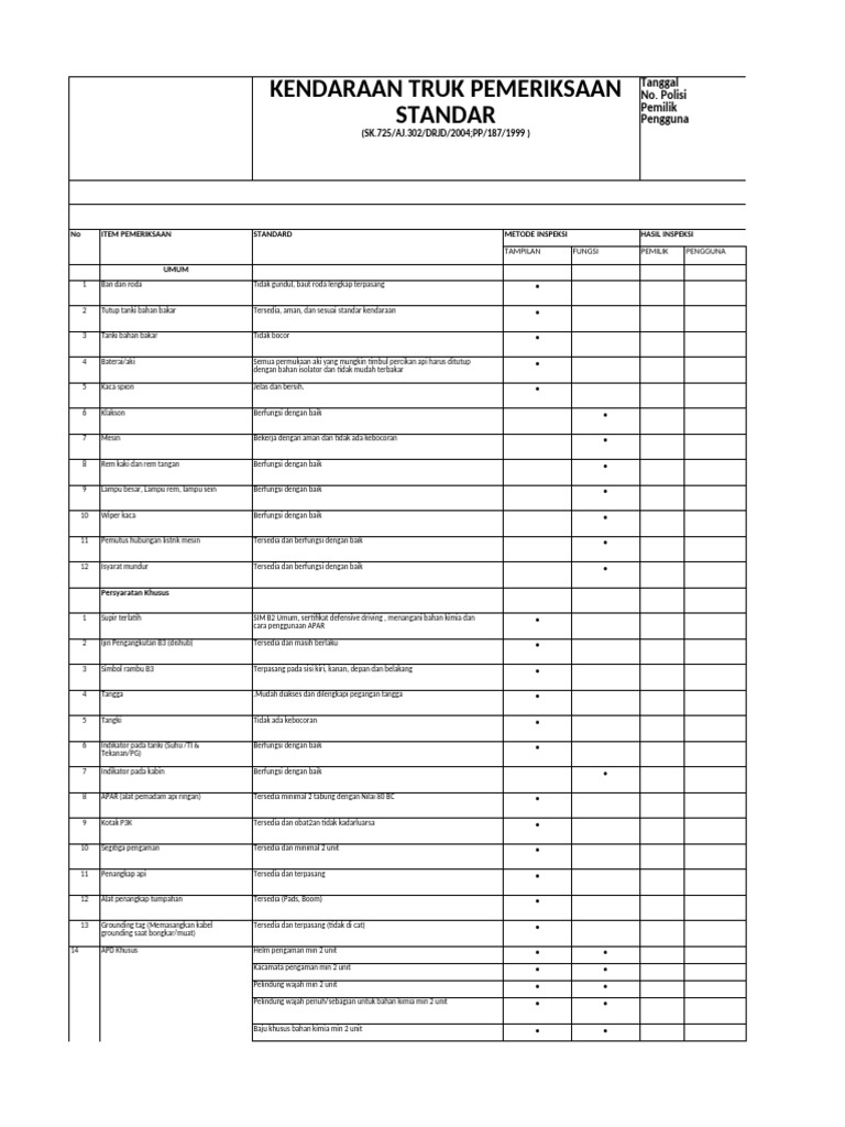Checklist Pemeriksaan Kendaraan | PDF