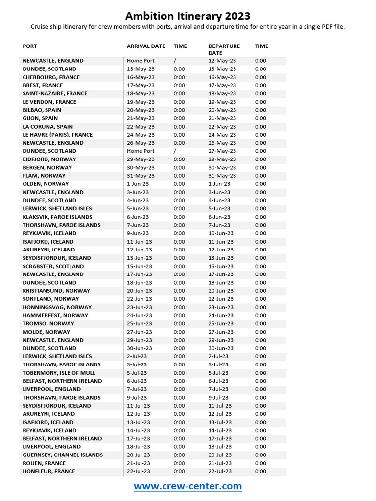 Ambition Cruise Ship Itineraries 2023 | PDF | Shipping | Water Transport