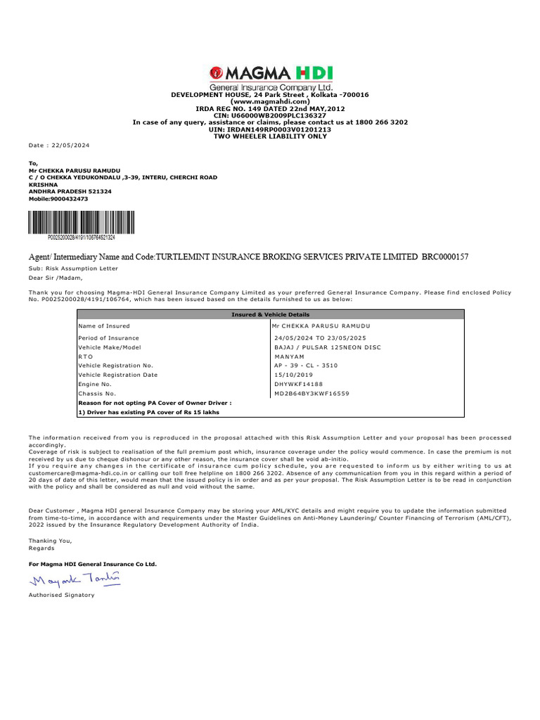 Agent/ Intermediary Name and Code:TURTLEMINT INSURANCE BROKING SERVICES ...