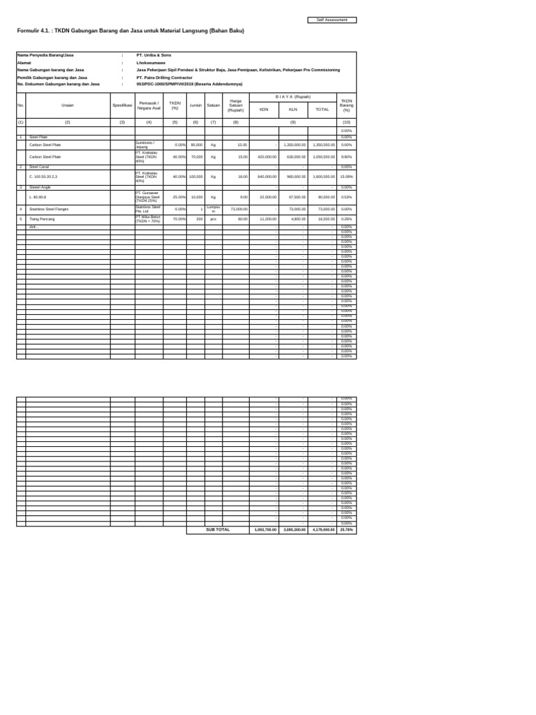 Contoh Form Isian TKDN Barang&Jasa - Uniba | PDF