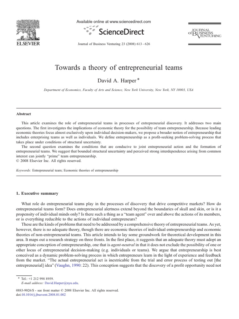 Towards Theory of Entrepreneurial Team | PDF | Entrepreneurship ...