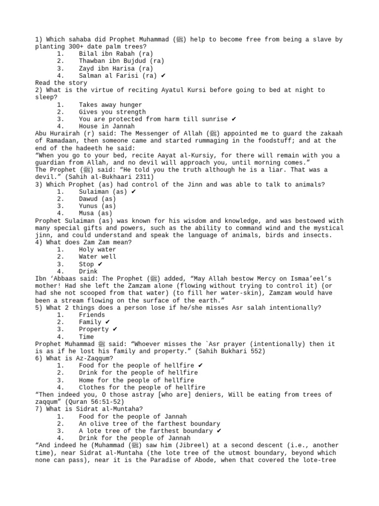 Islamic Quiz: Sahaba, Prophets, and Quran Facts | PDF | Muhammad ...