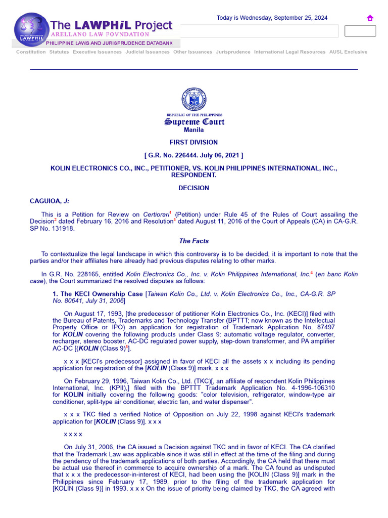 G.R. No. 226444 Kolin Electronics V Kolin PH | PDF | Precedent | Trademark