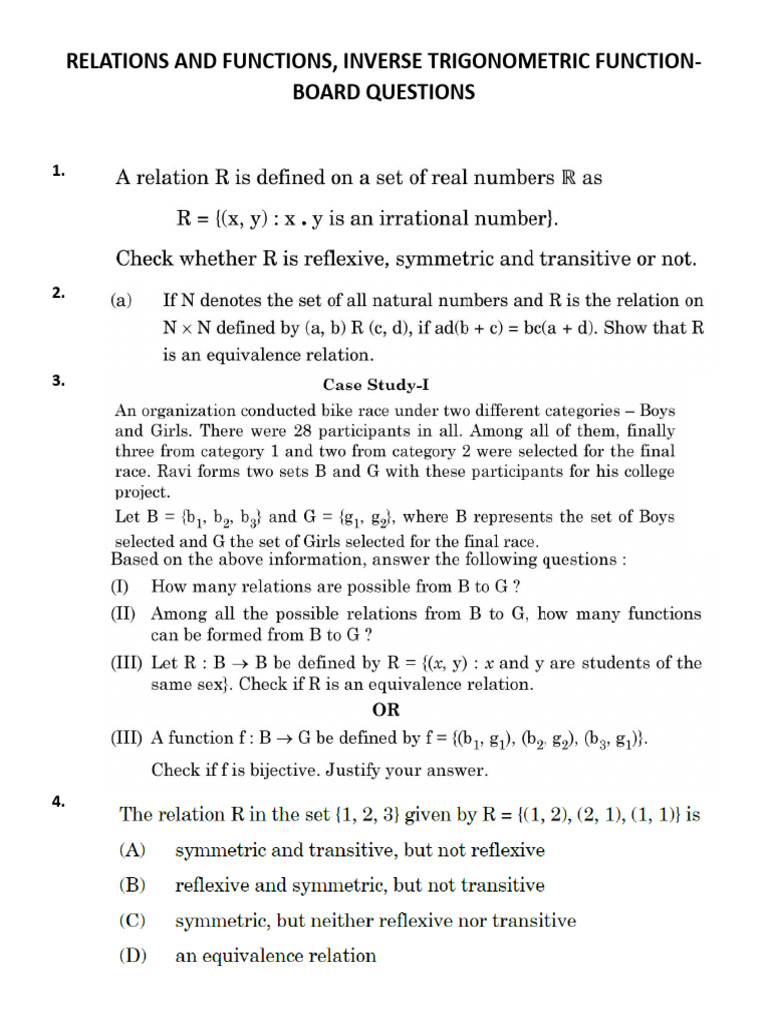 Relations and Functions Inverse Trigonometric Functions-BOARD Questions | PDF